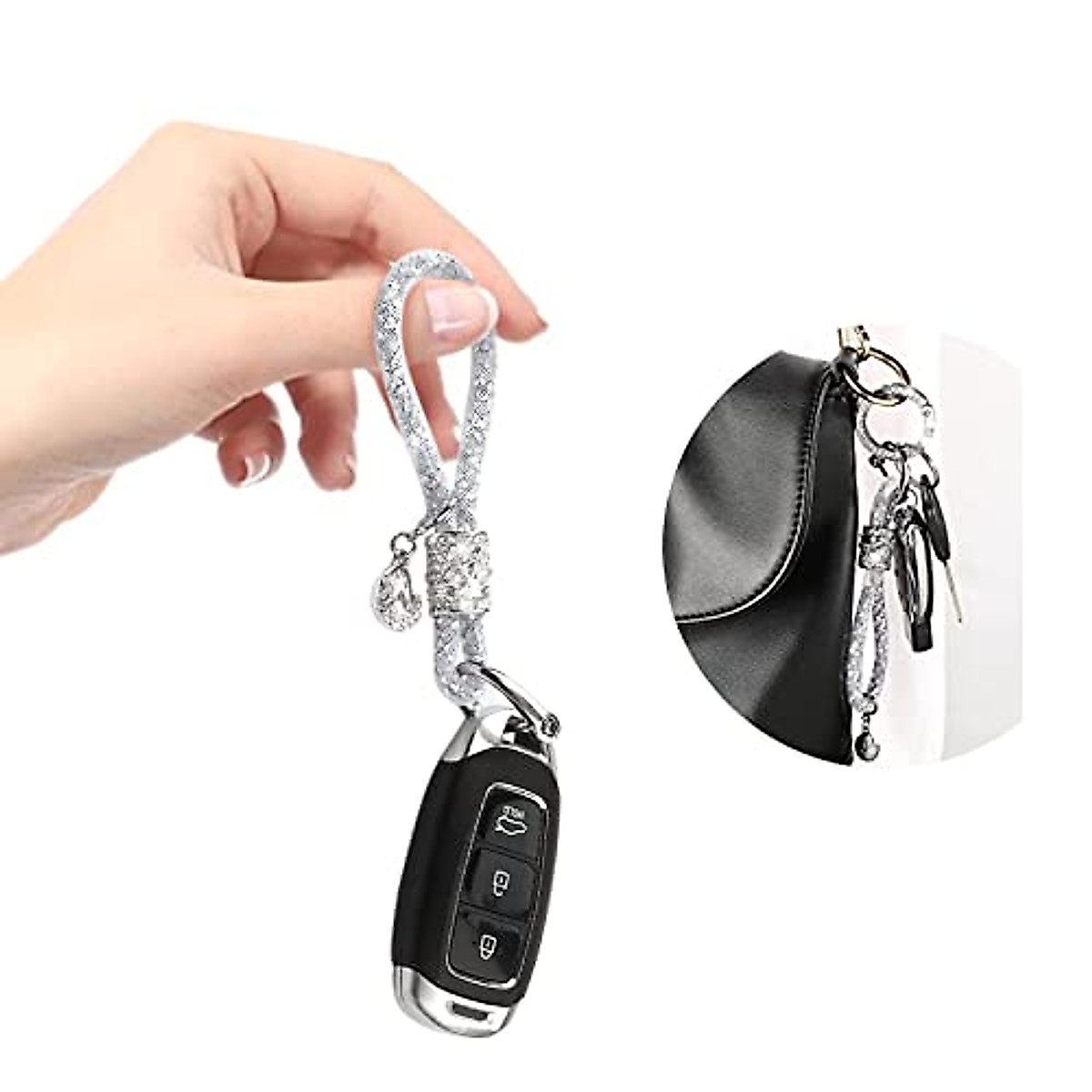 cueclue 1 PC Car Bling Rhinestone Key Chain, Crystal Car Key Chain for Women, Fashionable Keychain Ring Accessories (Silver)
