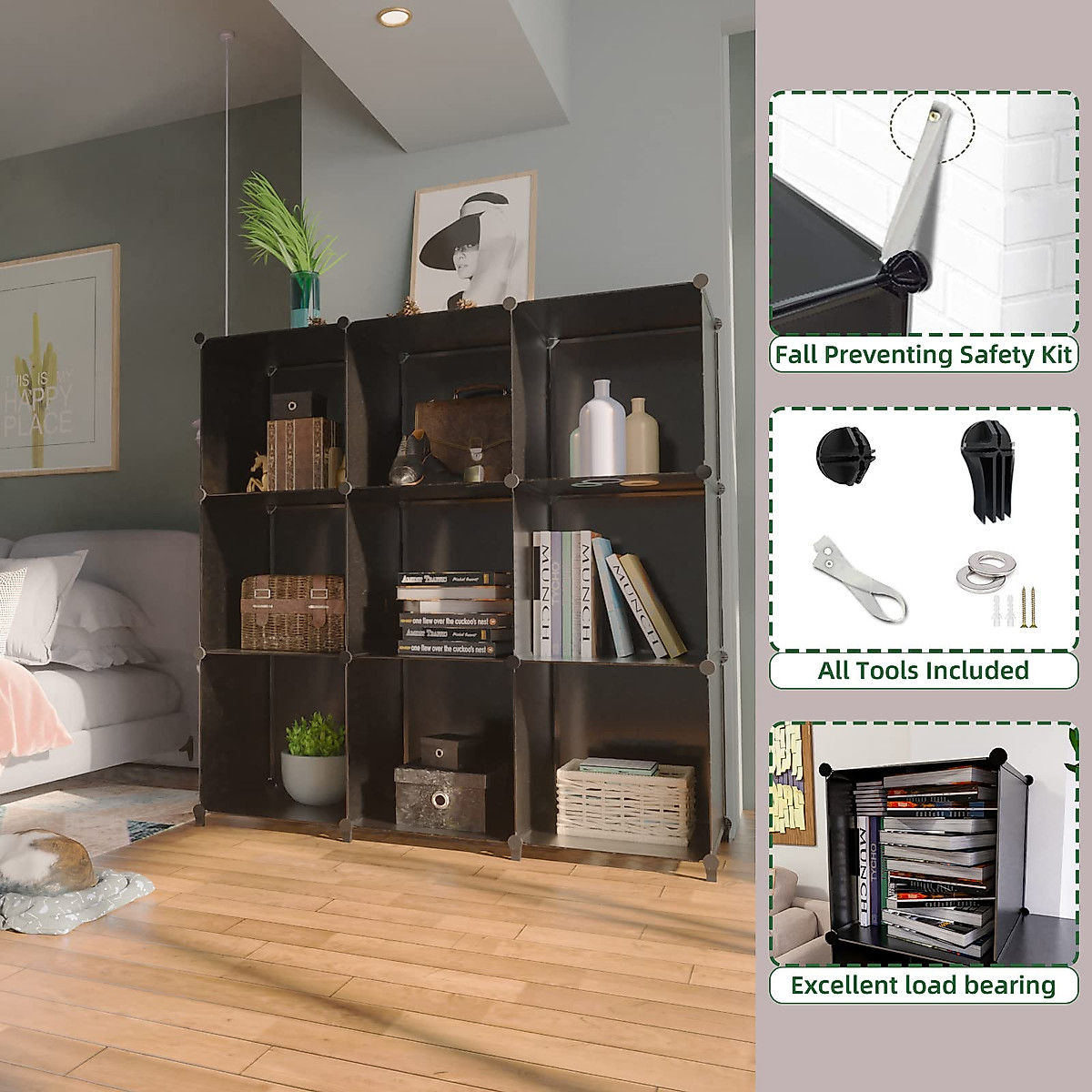 Homywish Cube Storage Organizer 9 Cube Closet Storage Shelves with Wooden Hammer DIY Closet Cabinet Room Storage Bookshelf Plastic Square Organizer Shelving for Home, Office, Bedroom，Black…