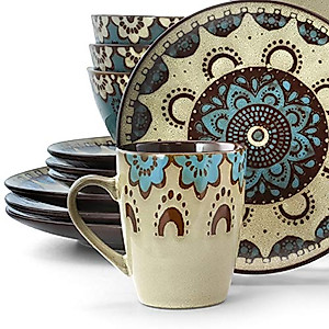 Elama CLAYHEART16 Clay Heart 16 Piece Luxurious Stoneware Dinnerware with Complete Setting for 4, 16pc, pc, Tan, Blue, Brown
