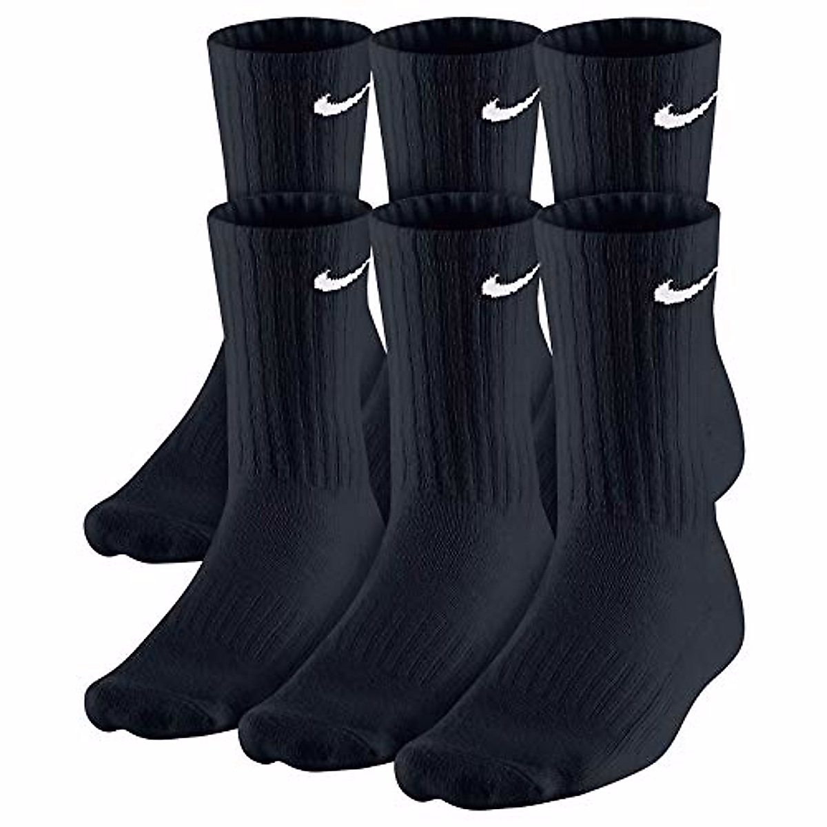 NIKE Dri-Fit Training Cotton Cushioned Crew Socks 6 PAIR Black with White Signature Swoosh Logo) LARGE 8-12