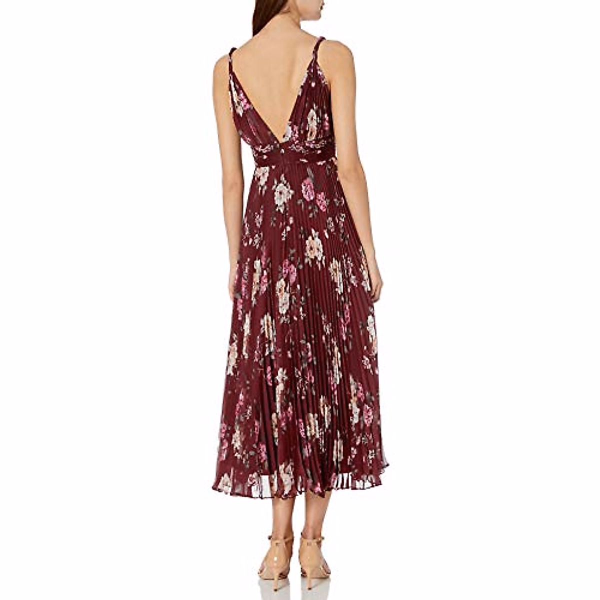 Jill Jill Stuart Women's Pleated Floral Print Chiffon Gown, Burgundy Multi, 0