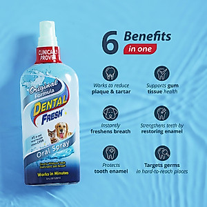 Dental Fresh Oral Spray for Dogs and Cats, Eliminates Bad Breath and Protects Their Teeth & Gums, 4 Fl Oz.