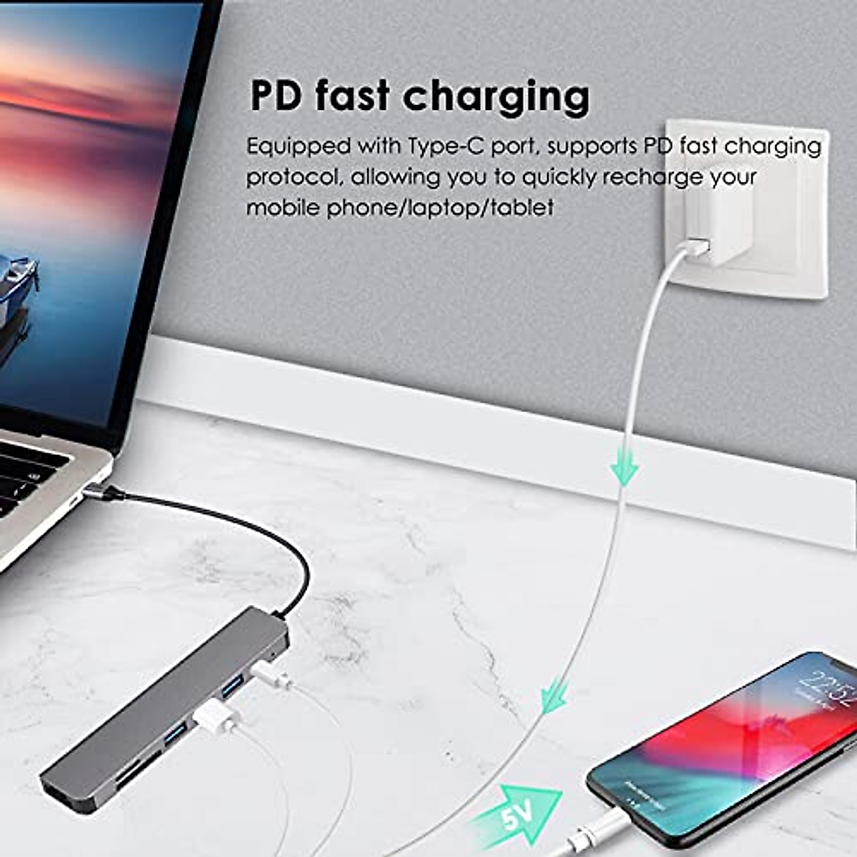 WskLinft 7-in-1 4K HDMI-Compatible Multiport USB 3.0 to USB-C Docking Station Hub Adapter for PC Computer Laptop Multi-Interface Docking Station Grey