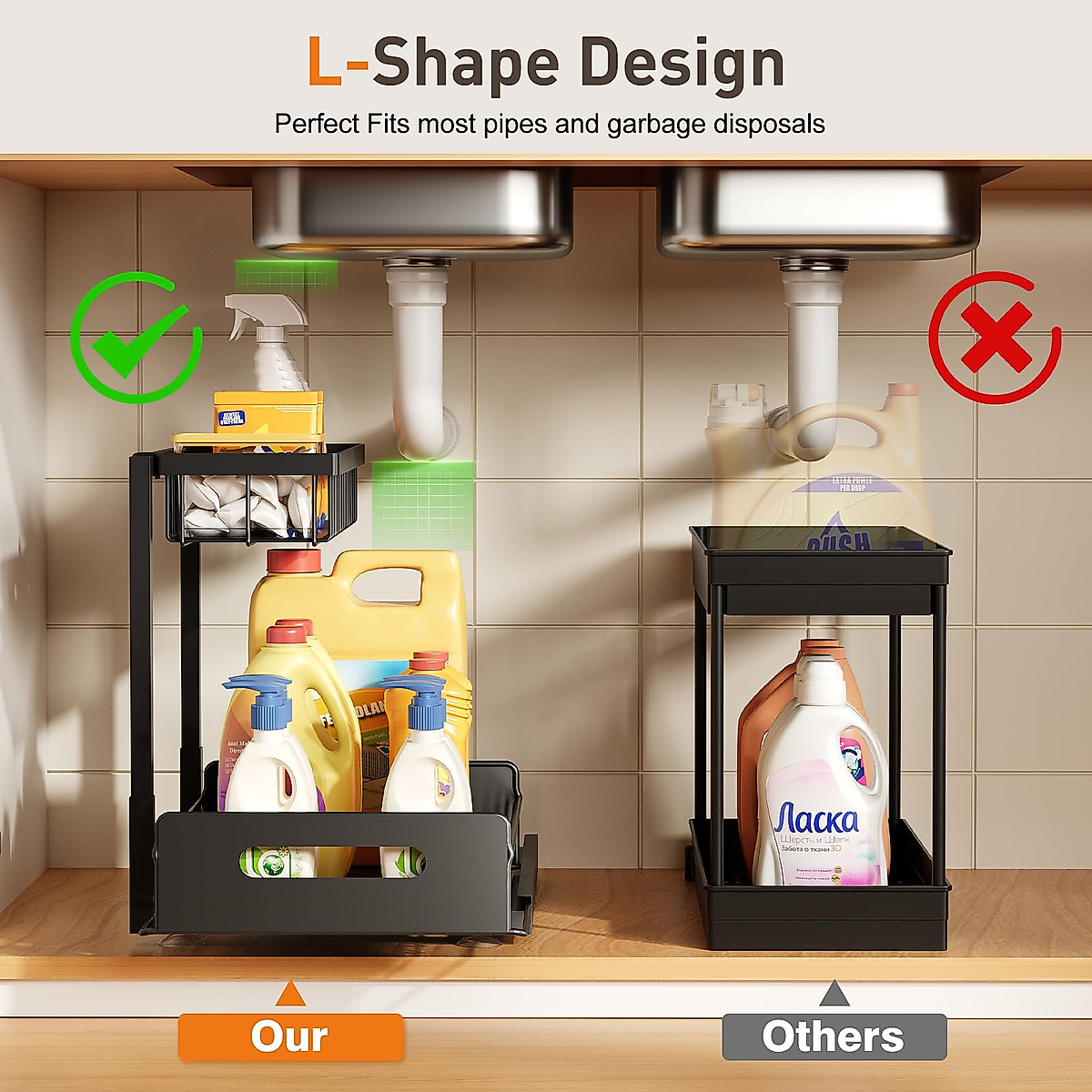 Under Sink Organizer 2 Pack,Metal Pull Out Cabinet Organizer Shelf,Kitchen Bathroom Organizers and Storage with Sliding Drawer,Storage Shelves,Storage and organization for Home,Laundry,RV,Pantry,Spice