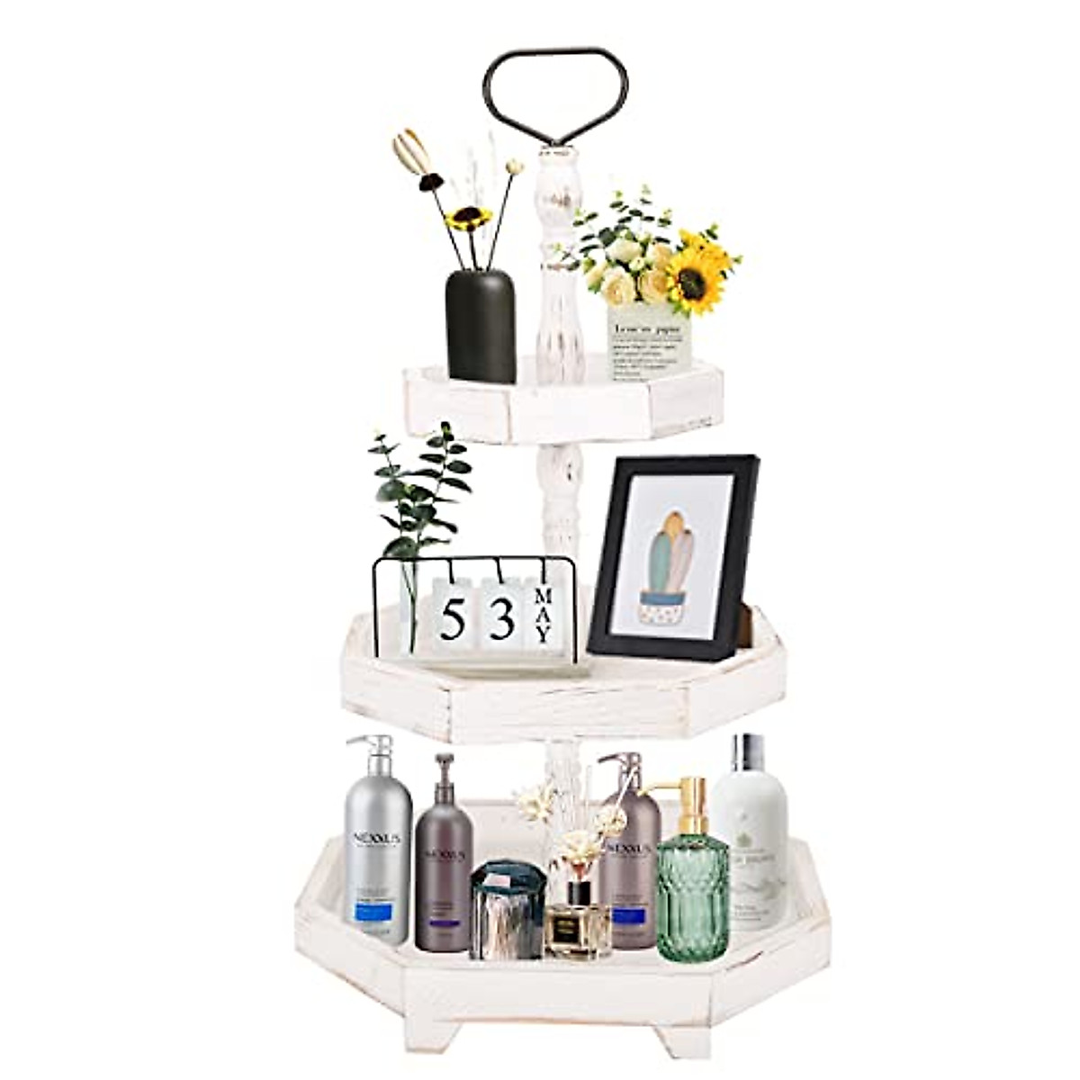 3 Tiered Tray, Rustic Cake Stand with Large Capacity Diameter of 15.6" 12.6" 8.8" Wooden Trays Farmhouse Decorative Tiered Tray for Kitchen Bathroom