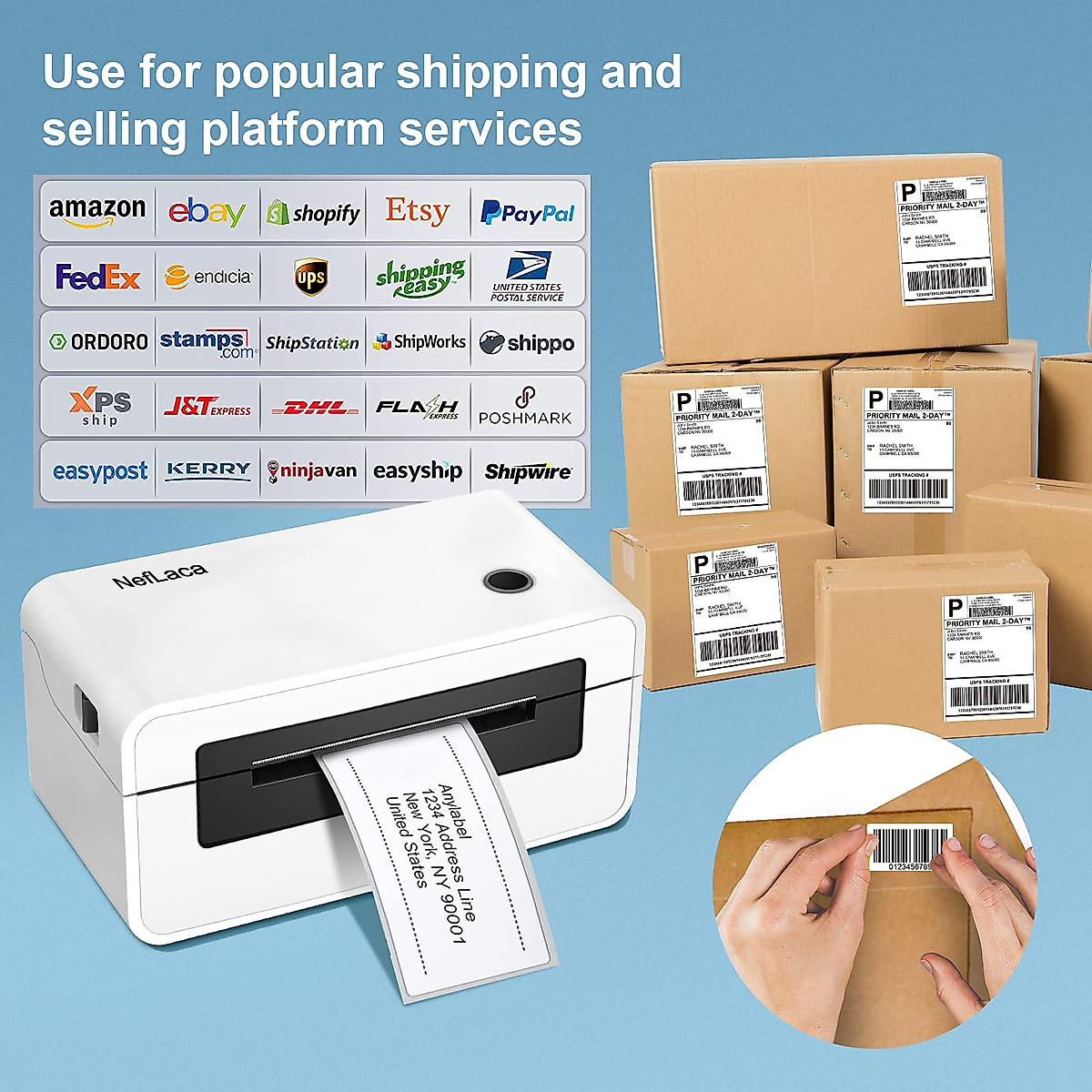 NefLaca Thermal Label Printer,4x6 High Speed USB Shipping Label Printer Commercial Direct Thermal Label Maker One Click Setup Compatible with Amazon, Ebay, Etsy, Shopify and FedEx (White)