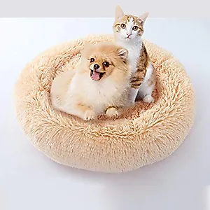 balacoo Luxury Fur Donut Cuddler Round Cat and Dog Cushion Bed Self-Warming and Cozy for Improved Sleep (Small Size, Beige)