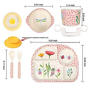 shopwithgreen 7Pcs/Set Bamboo Kids Dinnerware Set - Children Dishes - Food Plate Bowl Cup Spoon Fork Set Dishware, Cartoon Tableware, Dishwasher Safe Kids Healthy Mealtime, BPA Free
