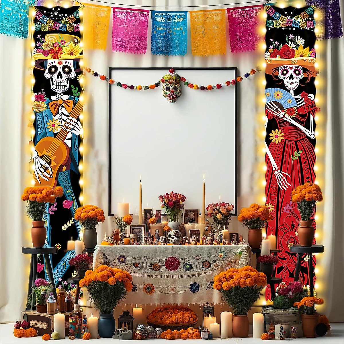 Aovaely LED Day of The Dead Sign Banners Decorations, Light Up Sugar Skull Dia De Los Muertos Altar Decorations for Halloween Day of The Dead Party Outdoor Indoor Home Decor Supplies 71x12 Inches