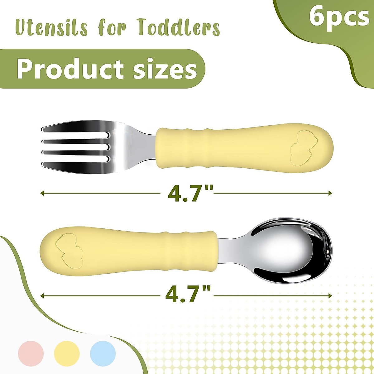 HAKSEN Toddler Utensils, Baby Forks and Spoons Set, 3 Forks and 3 Spoons, Perfect Length for Baby Spoons Self Feeding, Stainless Steel Cutlery with Silicone Handle