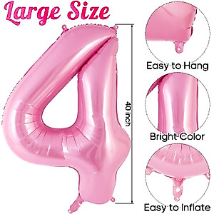 Pink Number 4 Balloon 40 Inch, Big Large Foil Helium Number Balloons, Jumbo Giant Mylar Number 4 Balloons for 4 Year Old Birthday Party Decorations Supplies Anniversary Celebration