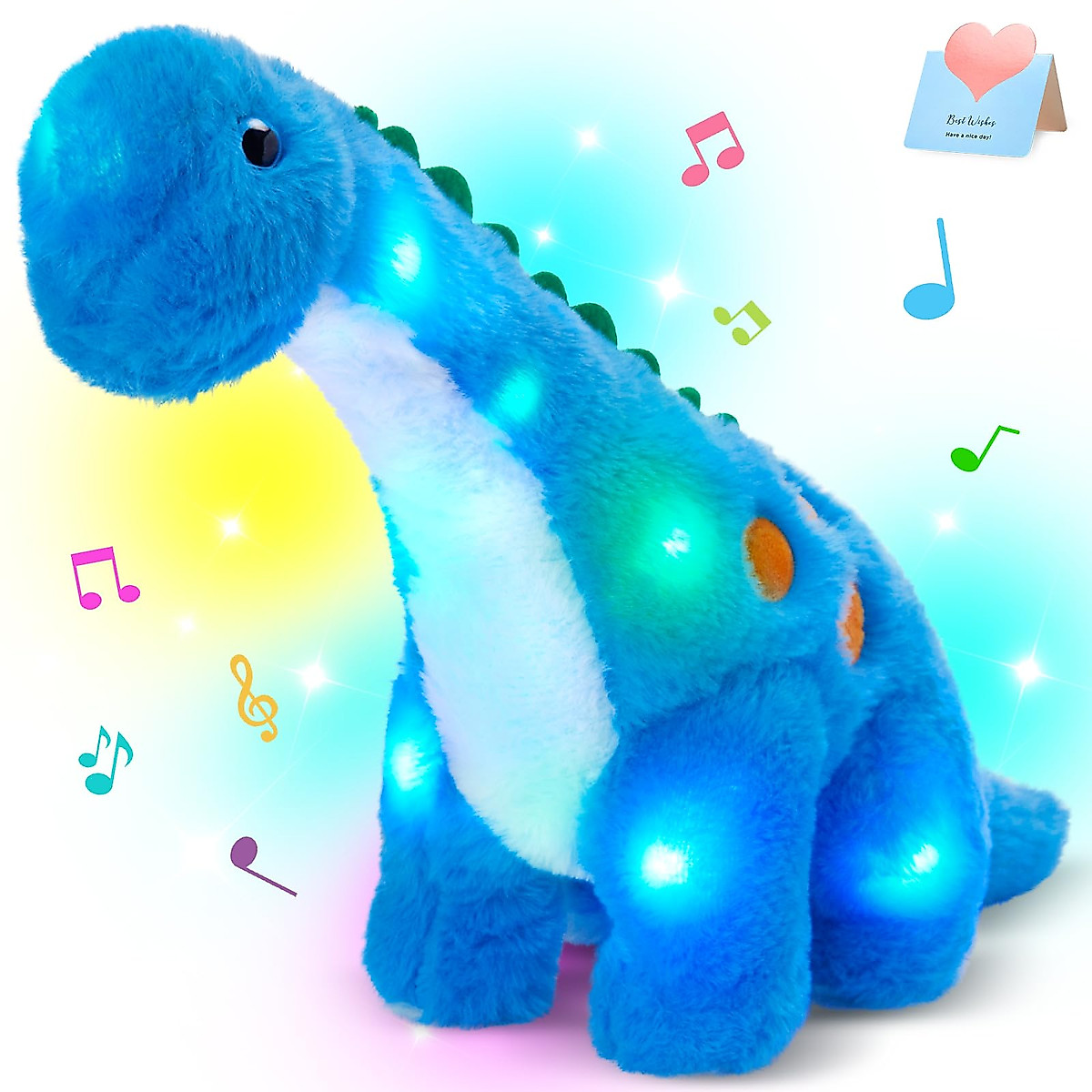 Houwsbaby 14" Blue Musical LED Dinosaur Stuffed Animal Floppy Diplodocus Plush Toy Singing Light Up Adorable Long Neck Lullaby Animated Soothe Baby Birthday Christmas Halloween for Kids Boy Toddlers