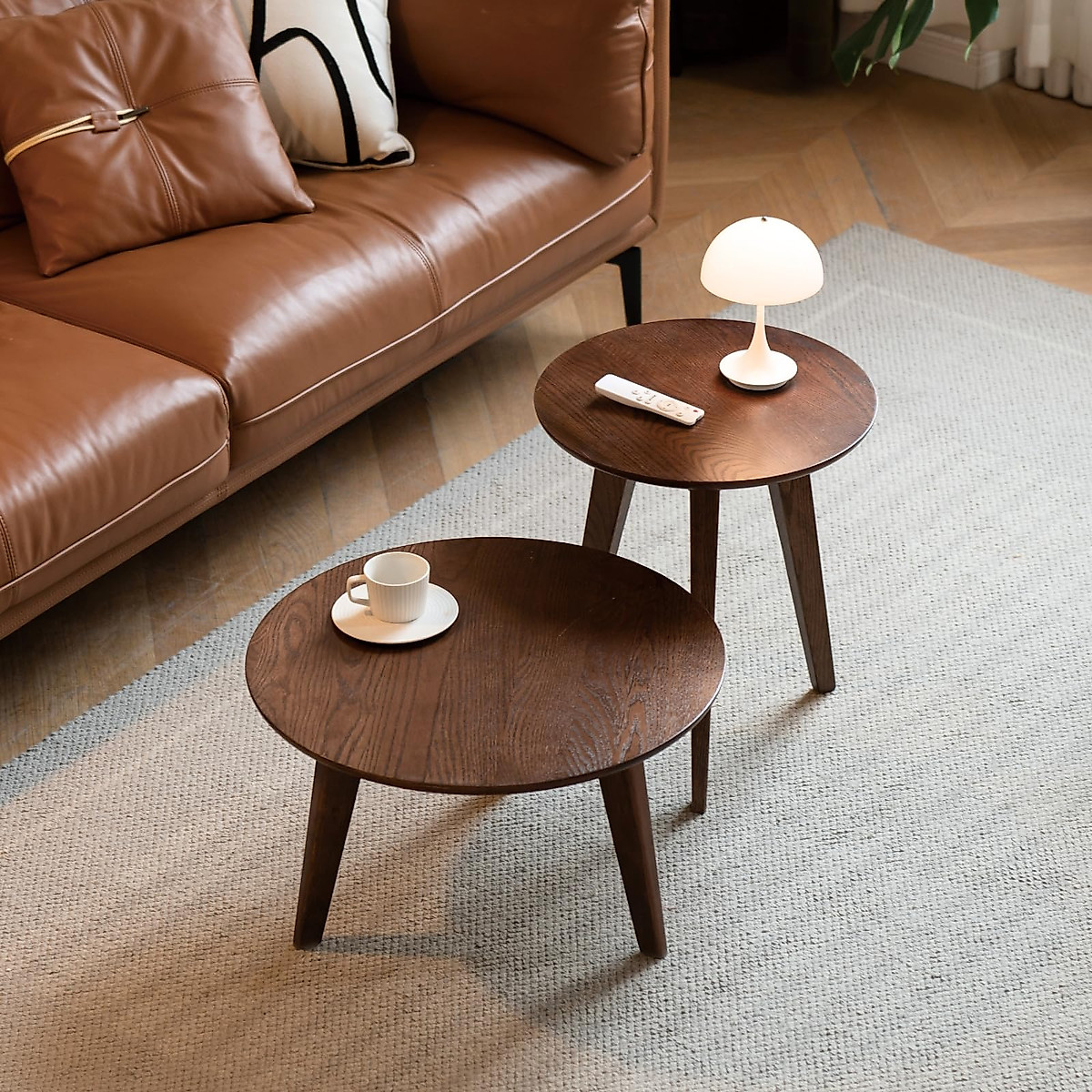 Grewood Round Coffee Table - 100% Solid Oak Wood Coffee Table with Three-Legged - Small End Table, Round Side Table for Living Room (Walnut Color)