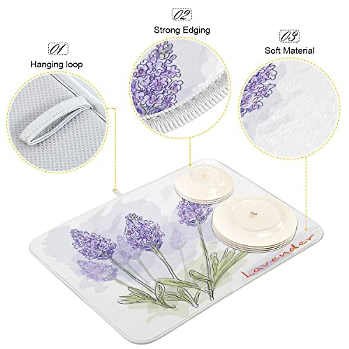 Blue Lavender Violet Flowers Dish Mat Dish Drainer Pads Dish Drying Pad for Kitchen Counter Kitchen Heat Resistant Mat 16 x 18
