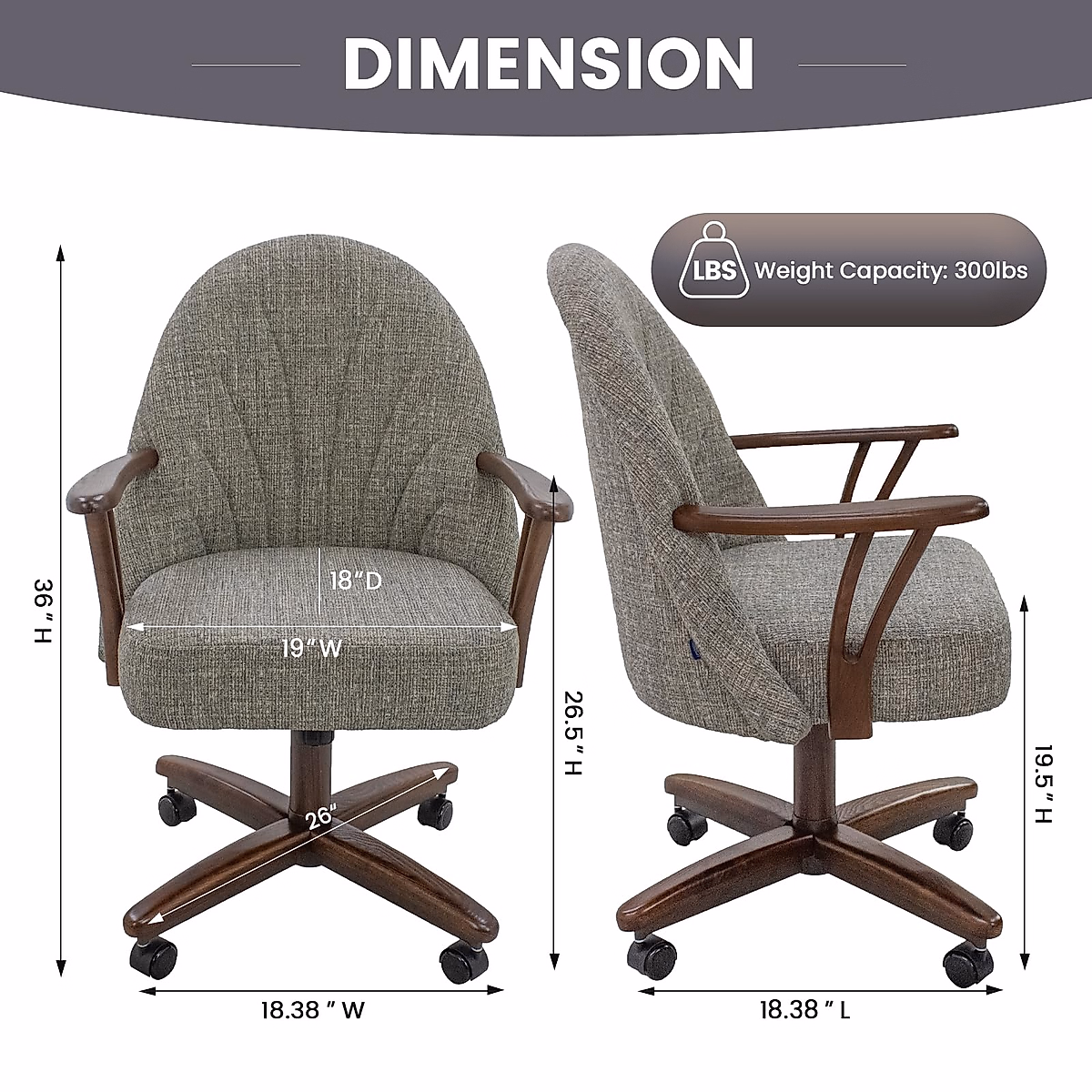 Chromcraft Caster Swivel Tilt Dining Chairs, Luxe Casual Wooden Arm All-Metal Pedestal Base Chairs with Rolling Wheels for Kitchen(Fonzo Marble-Walnut)