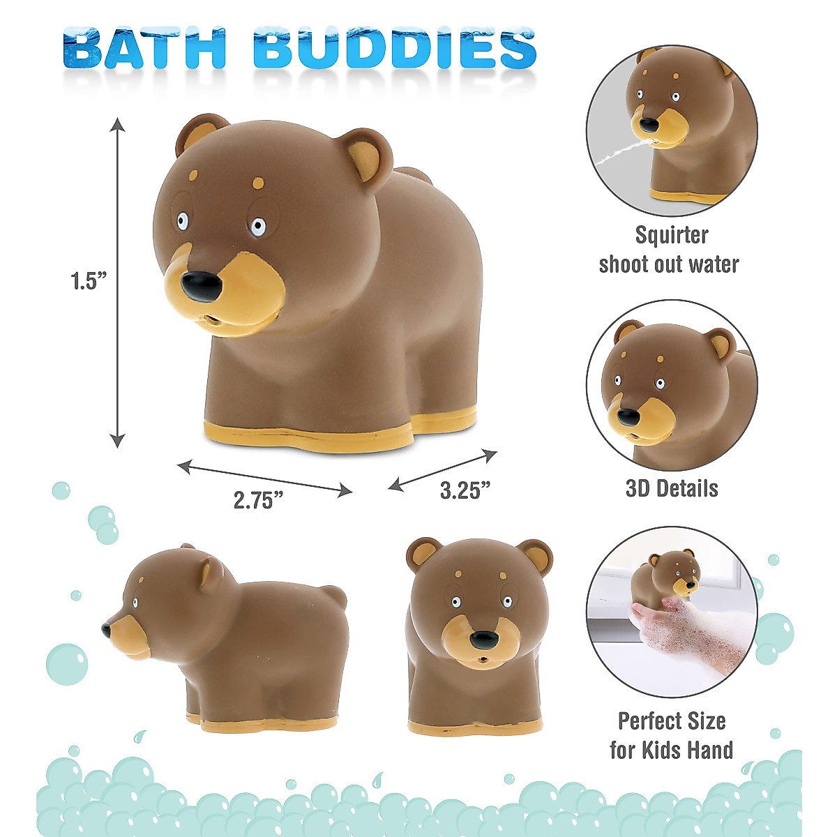 DolliBu Brown Bear Bath Buddy Squirter - Floating Brown Bear Rubber Bath Toy, Fun Water Squirting Bathtime Play For Toddlers Cute & Soft Wild Life Animal Toy For Bathtub, Beach & Pool for Girls & Boys