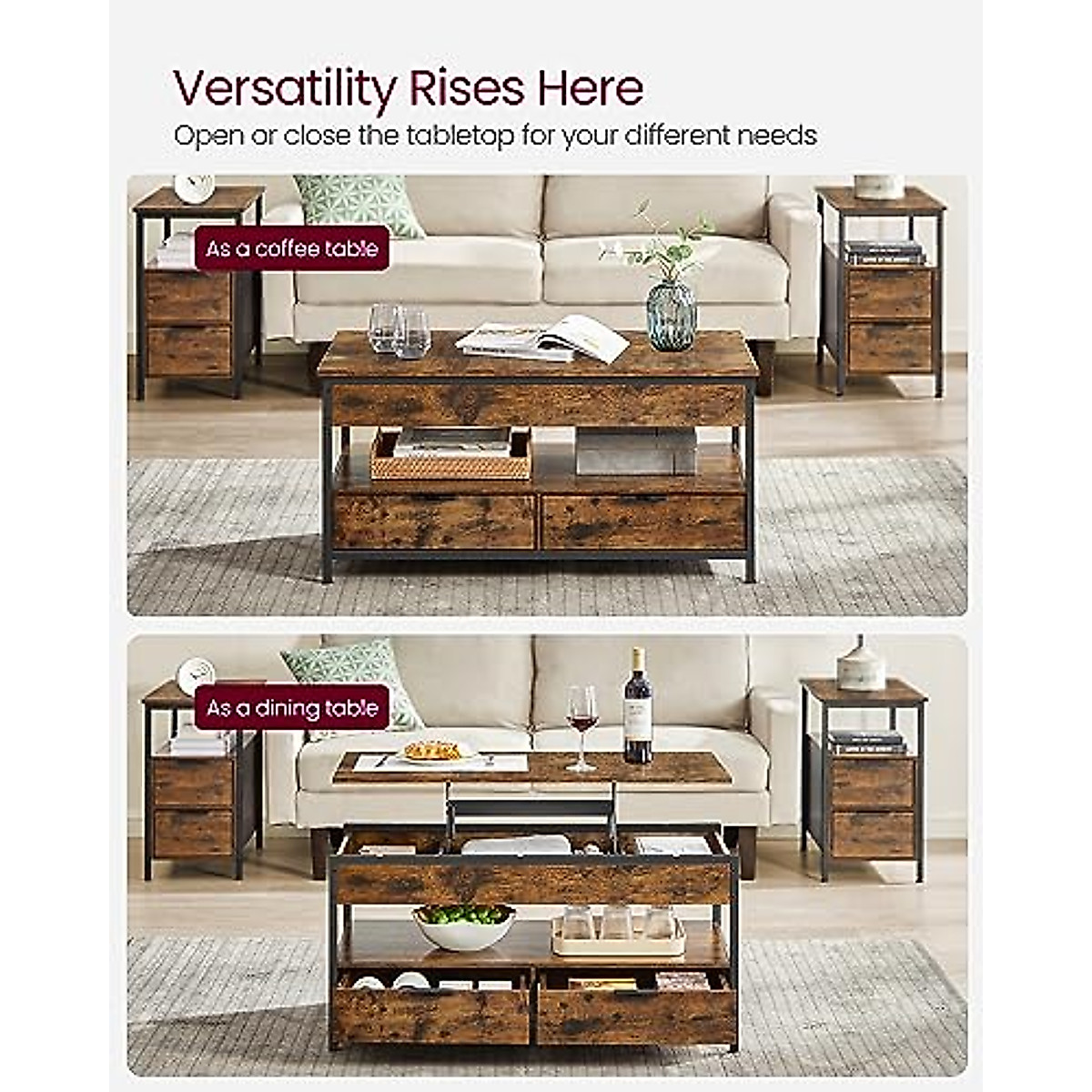 VASAGLE Lift Top Coffee Table with Storage Drawers and Charging Station, Coffee Table for Living Room with Lifting Top, Hidden Compartments and Open Shelf, Rustic Brown and Ink Black ULCT206B01