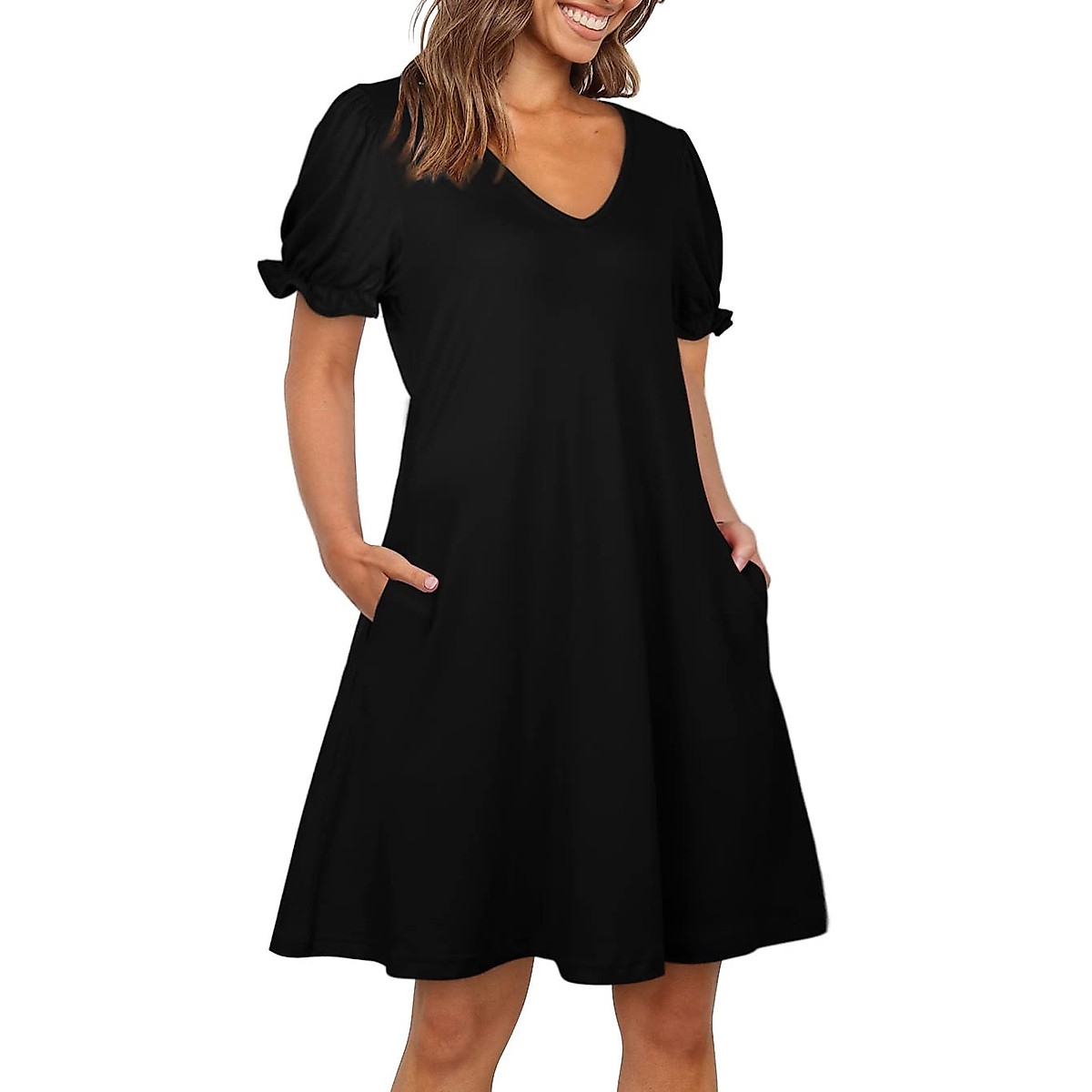 Aloodor Dresses for Women 2025 V Neck Puff Sleeve Summer Dress Ladies Black L