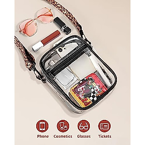 Vorspack Clear Bag Stadium Approved - PVC Clear Purse Clear Crossbody Bag with 2 Straps Clear Purses for Women Stadium Concerts Festivals - Black & Leopard Strap