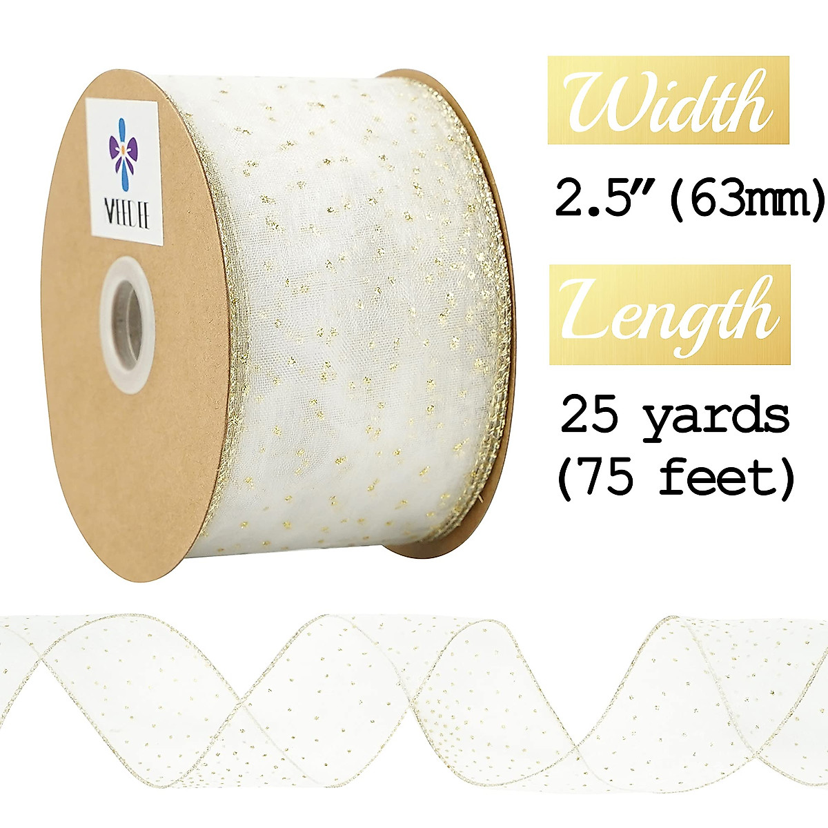 MEEDEE White Gold Wired Ribbon - 2.5 Inch Glitter Polka Dot Christmas Ribbon, 25 Yards for Tree, Wreath, Bow Making