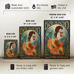 Lantern Press 10x15 Inch Wood Sign, Ready to Hang Wall Decor, Bandon, Oregon, Mermaid