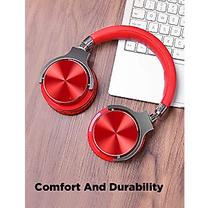 meidongg Active Noise Cancelling Headphones Bluetooth Headphones with Microphone Deep Bass Wireless Headphones Over Ear, Comfortable Protein Earpads, 30 Hours Playtime for TravelWork (Red)