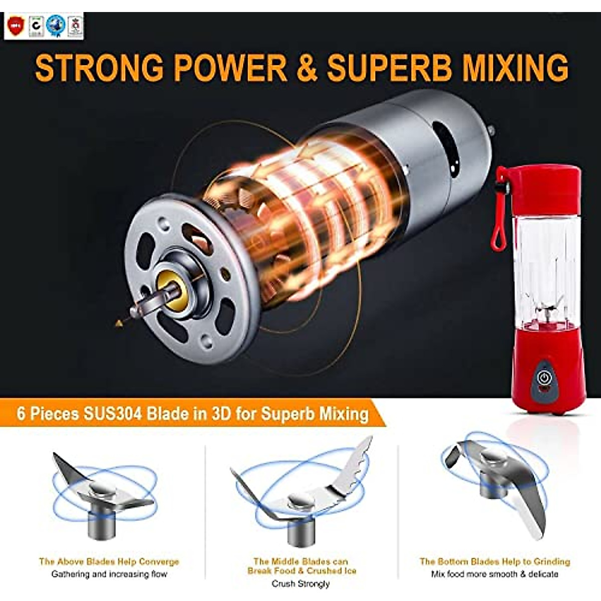 Portable Blender Personal Size Blender USB 4000 mAh Rechargeable with 6 Blades Smoothies,380ML Juicer Cup 5 Core PB 01