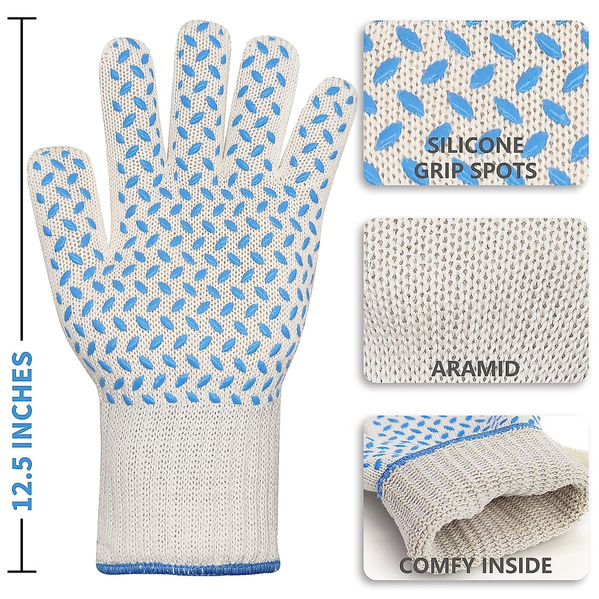 Oven Gloves 932°F Extreme Heat Resistant Gloves - DEYAN Silicone Non-Slip Oven Mitts with Finger, Kitchen Outdoor Cooking Glove for BBQ, Baking, Grilling, 1 Pair (White)