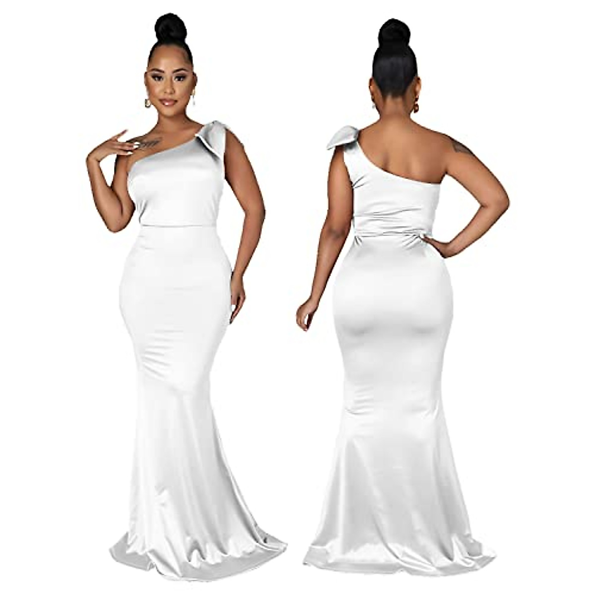 FairyLove Women's Fashion Ruched Bodycon Dress Sleeveless One Shoulder Wrap Satin Belted Cocktail Midi Dresses White
