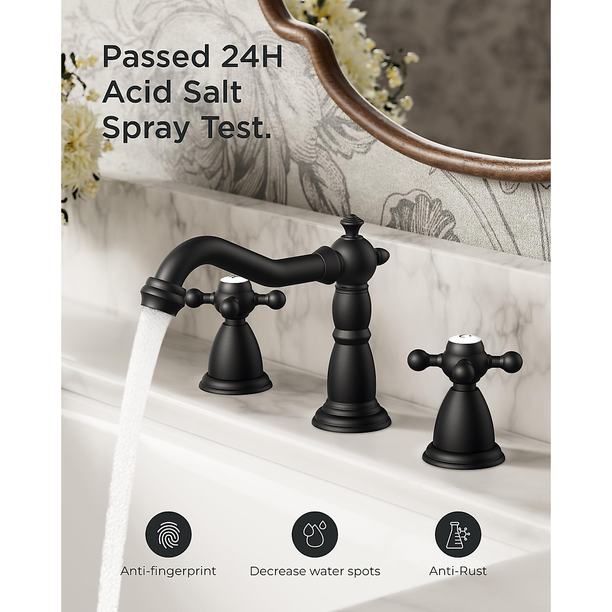 FORIOUS Antique Black Bathroom Faucets, Bathroom Sink Faucet Two Handle 3 Hole, Widespread Matte Black Bathroom Faucet with Metal Pop-up Drain & Supply Lines Faucet for Bathroom Sink, Farmhouse