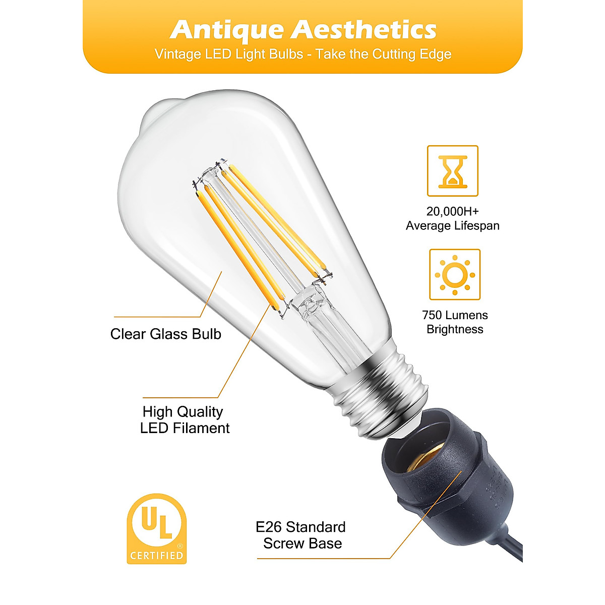 Brightown Vintage LED Edison Bulbs, 6W, Equivalent 60W, High Bright 2700K Warm White,750 Lumens, Non-Dimmable, E26 Medium Base ST58 Antique Filament Bulbs with 83+ CRI for Ceiling Fan Bathroom Porch