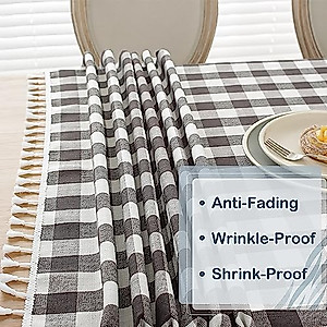 Laolitou Checkered Tablecloth Rectangle Washable Halloween Buffalo Plaid Table Cloth with Tassel Cotton Linen Gingham Table Cover for Picnic Kitchen Dining Room, Black and White, 70 Inch
