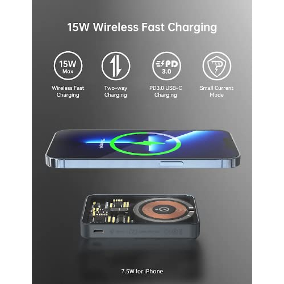 MOMAX Magnetic Wireless Portable Charger, Transparent Battery Pack with Stand, Foldable 5000 mAh Magnetic Wireless Power Bank and USB-C for iPhone 14/13/12 Series, Magnetic Portable Charger for iPhone