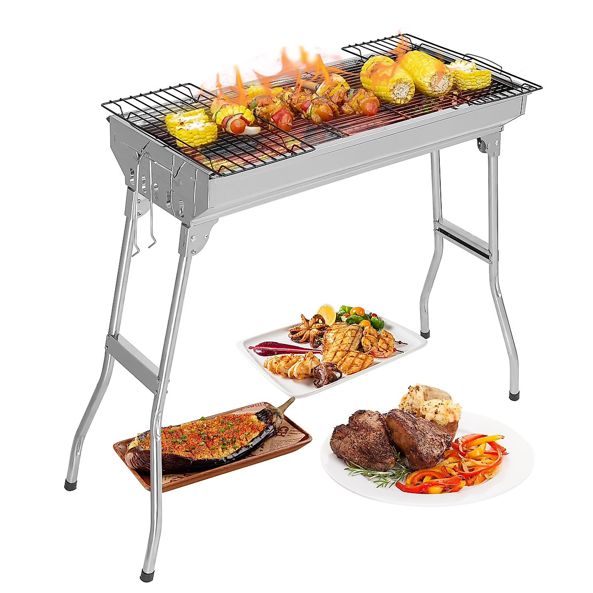 Outvita Portable Charcoal Grill, 28x 13 x 27" Foldable Barbecue Grill, Stainless Steel BBQ Grill and Smoker for Outdoor Cooking Camping Hiking Party Picnic Garden Beach