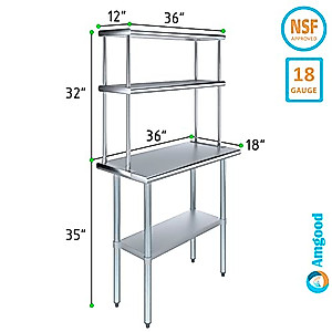 AmGood Stainless Steel Work Table with 12" Wide Double Tier Overshelf | Metal Kitchen Prep Table & Shelving Combo | NSF (Stainless Steel Table with Double Overshelves, 36" Long x 18" Deep)