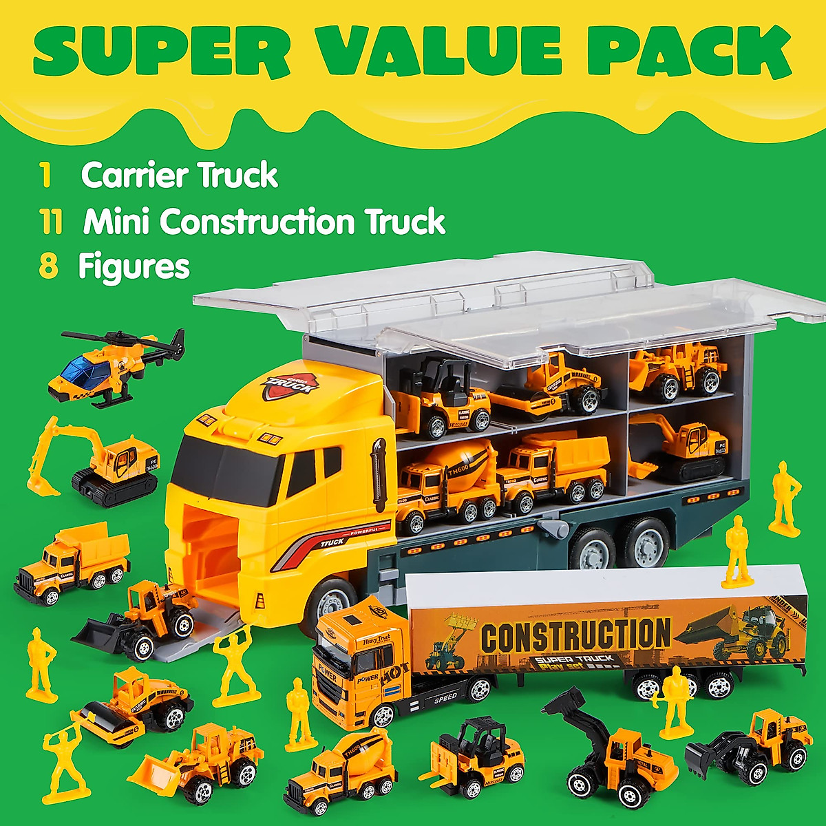 JOYIN 19 in 1 Die-cast Construction Toy Truck with Little Figures, Mini Construction Vehicles in Big Carrier Truck, Patrol Rescue Helicopter for Boys 3-9 Years Old, Kids Value Birthday Easter Gifts