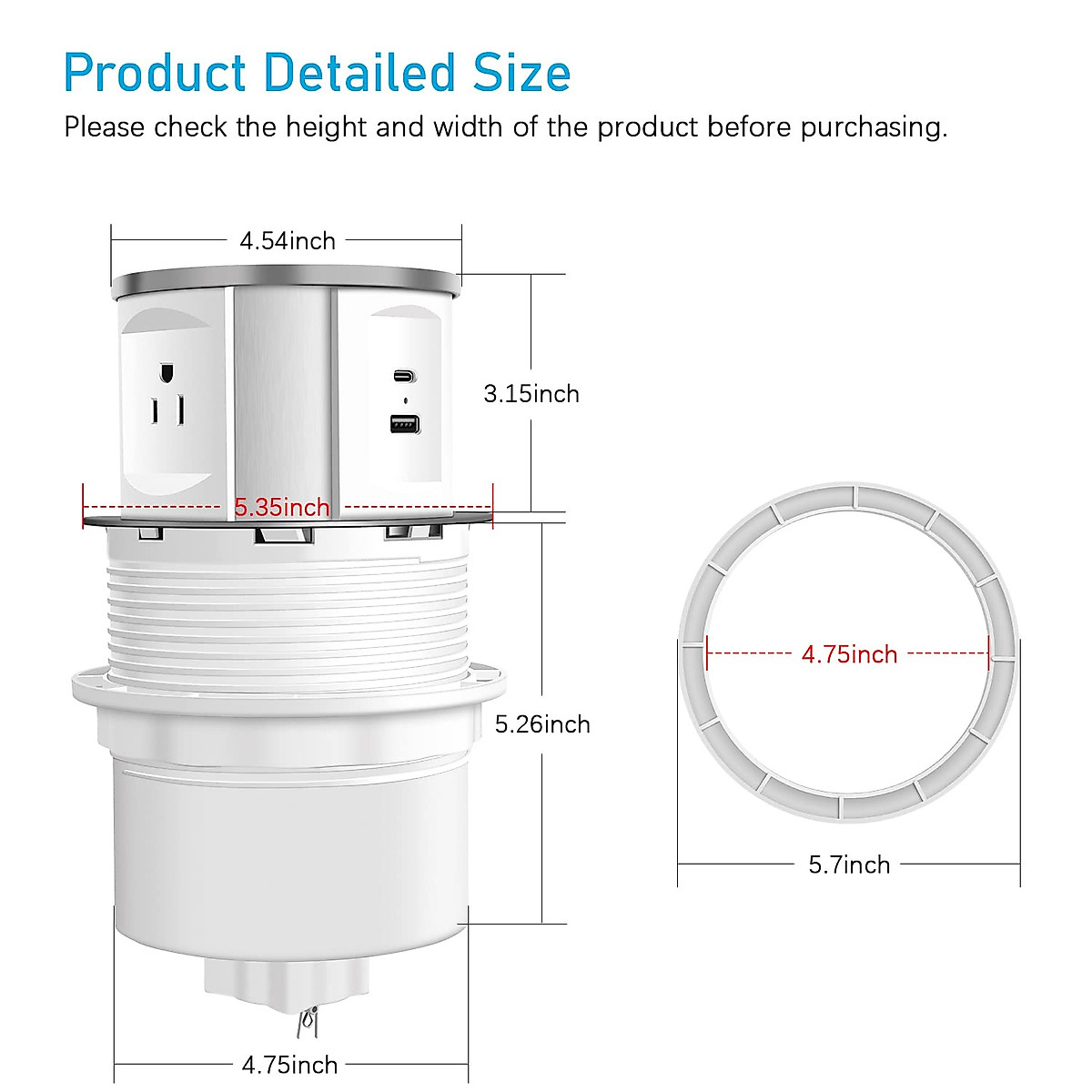HHSOET 4-3/4 Inch Extra Large Pop Up Outlet for Countertop, Large Round Pop-up Power Strip with USB C Port for Kitchen Counters, in Desk Grommet Outlet Center with 3 Outlet and USB Ports.