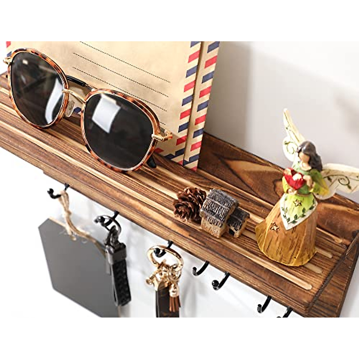 Mutsault Key Holder for Wall, Wall Mount Mail Organizer with 5 Key Hooks, Rustic Farmhouse Key Racks for Home Entryway Decor, Pine Wood