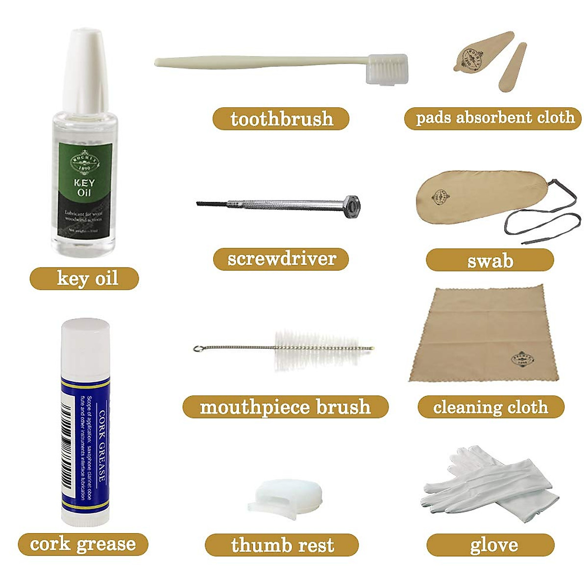 Clarinet Cleaning and Maintenance Cleaner Care Kit with Key Oil, Cork Grease, Swab, Cleaning Cloth, Thumb Rest, Mouthpiece Brush, and More in Khaki