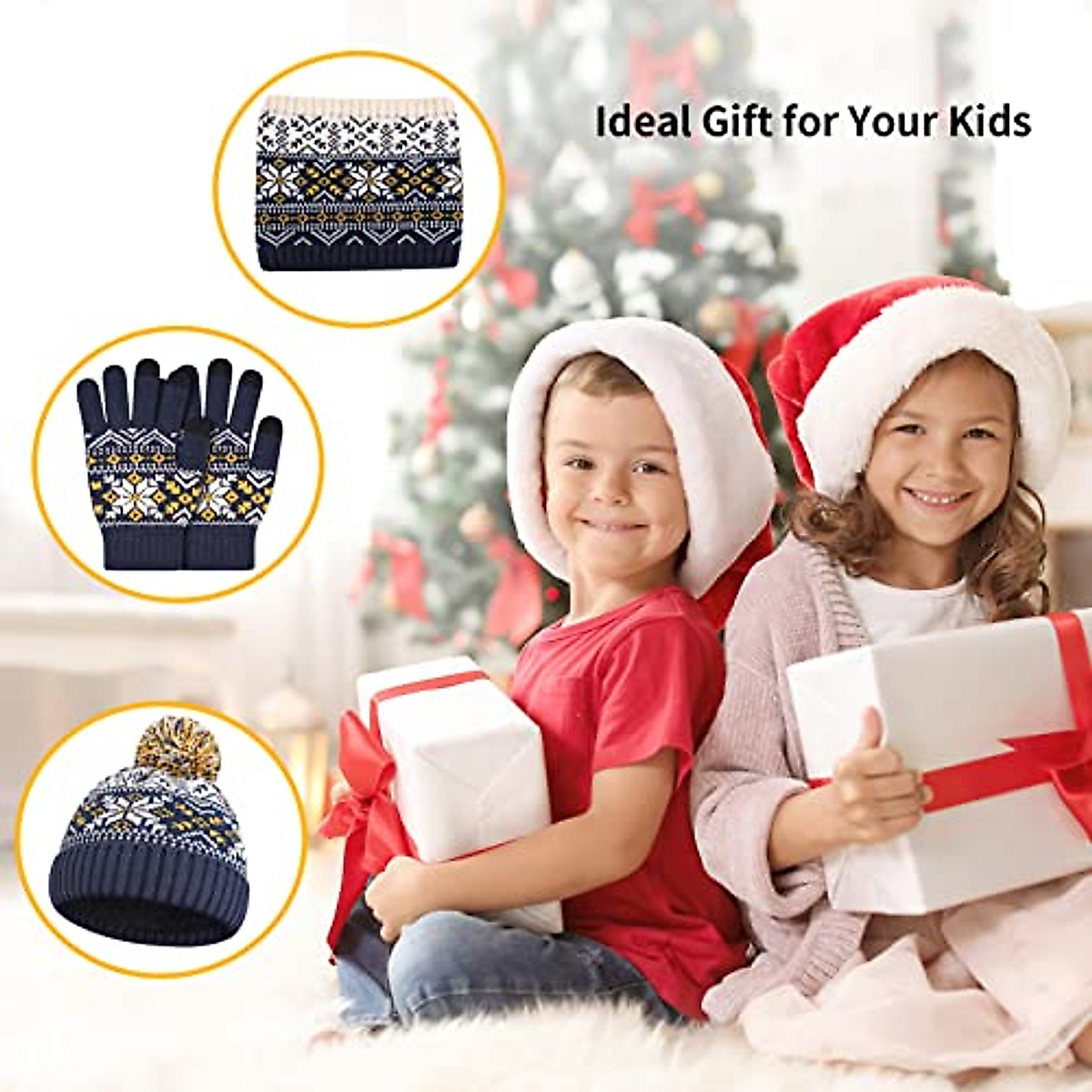 AOTOW Kid Hat Scarf Gloves Set - Winter Knit Beanie Hat Boys Winter Hat Kids Hats & Gloves Set Neck Warmer Touch Screen Mitten for Boy Girl 5-10 Year Three-Color Stitching