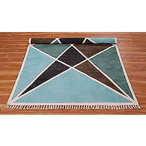 Casavani Hand Made Cotton Dhurrie Geometric Blue & Brown Tassel Rug Easy Care Washable Rugs for Doormat Entryway Living Room Bedroom Hallway Balcony 5x7 Feet