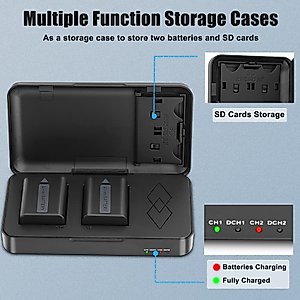 JYJZPB NP-FW50 Replacement Battery Charger Set Dual Channel Compatible for Sony Alpha A6000 A6400 A6500 A6300 A6100 ZV-E10 A7 A7II A7RII A7SII A7S A7S2 A7R A7R2 A5100, Camera Batteries Charger Case