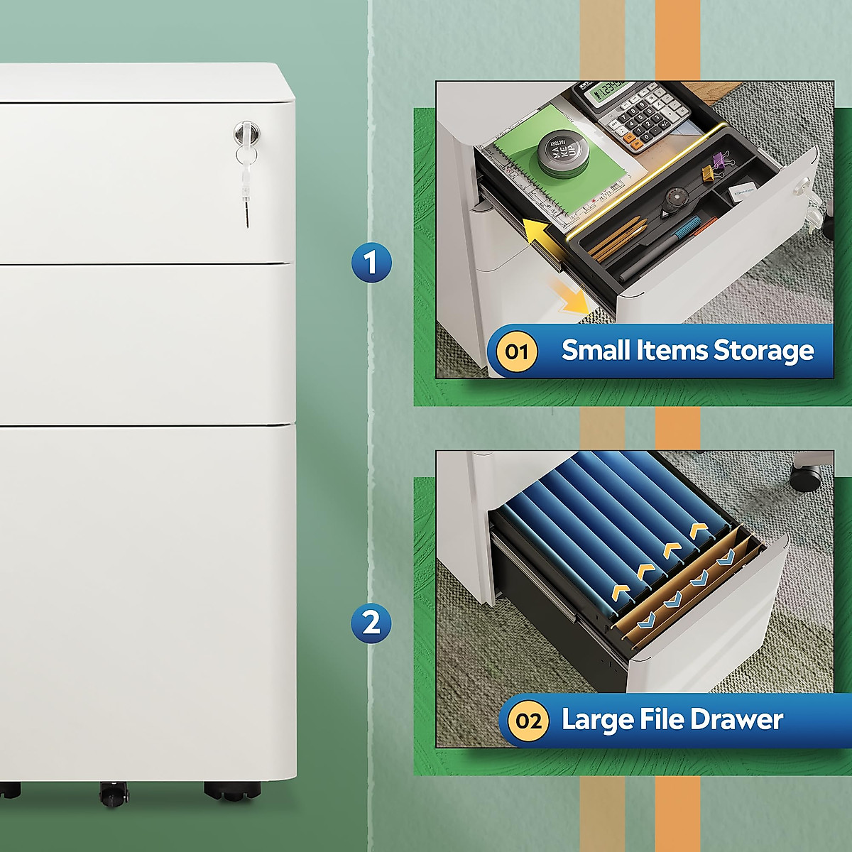 DEVAISE 3-Drawer Slim Vertical File Cabinet, Fully Assembled Except Casters, Legal/Letter Size, White