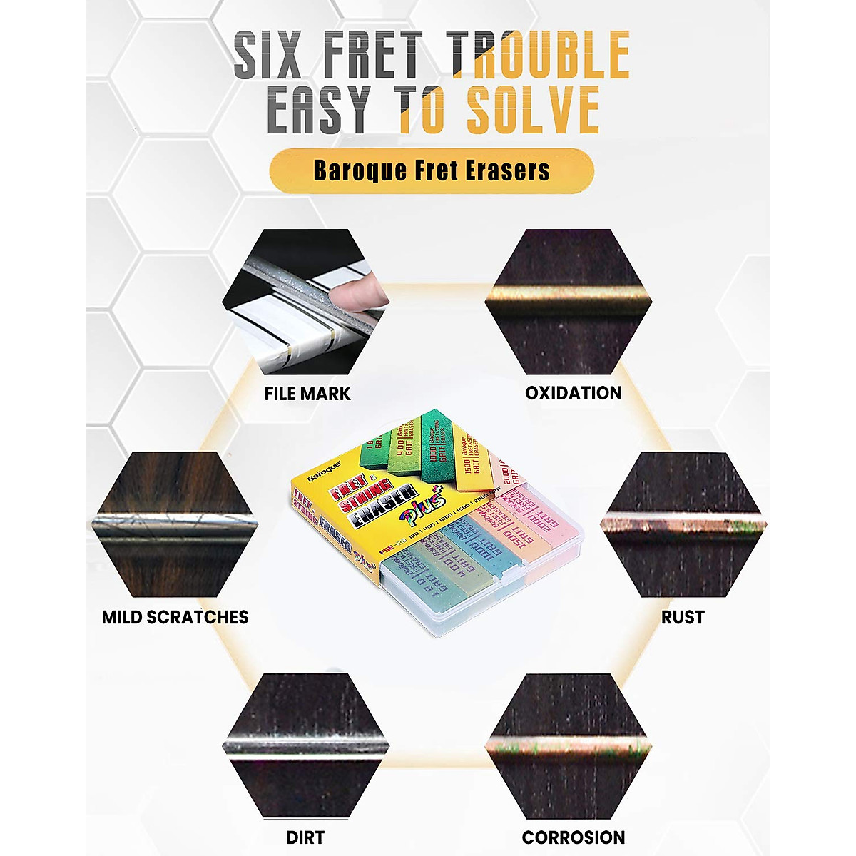 Baroque Fret Erasers for Guitar, Fret Polishing Cleaner, Frets Polish Tools Kit, Clean Fret Wire/String/Metal, Set of 5 (180& 400& 1000& 1500& 2000 Grit)