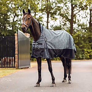 Horze Avalanche 1200D High Neck Turnout Rain Sheet (No Fill) | Lightweight Waterproof Horse Blanket - Dark Navy/Dawn Grey Print - 81 in