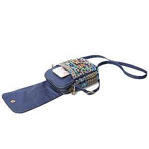 Embroidered Small Canvas Crossbody Bag Cell Phone Bag for Women Handmade Mini Shoulder Bag Wallet Bag Pouch(Blue)