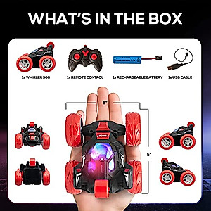 Force1 Whirler 360 Stunt Car Mini RC Car for Kids - Fast Mini Stunt 5 Wheels LEDs 360 Flips Standing Rotating Small RC 2.4 GHZ Rechargeable Remote Control Toy Vehicle for Boys Girls - Red/Black