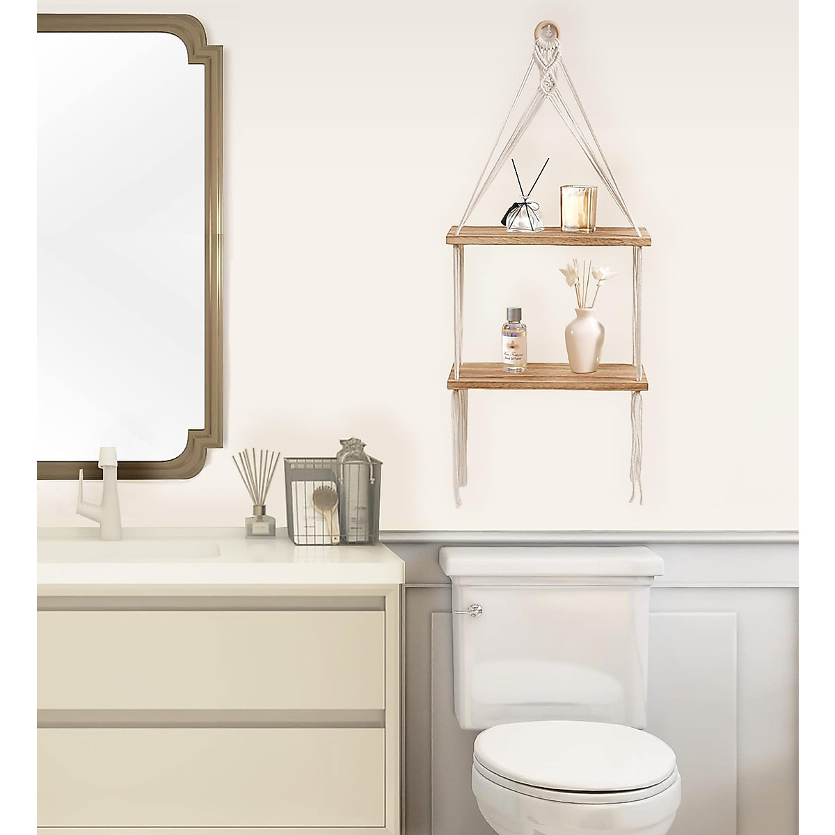 XINLIHONG Boho Wall Decor of 2 Tier Hanging Shelf for Wall and Photo Wall Display for Living/Bedroom/Bathroom/Kitchen/Study/Balcony