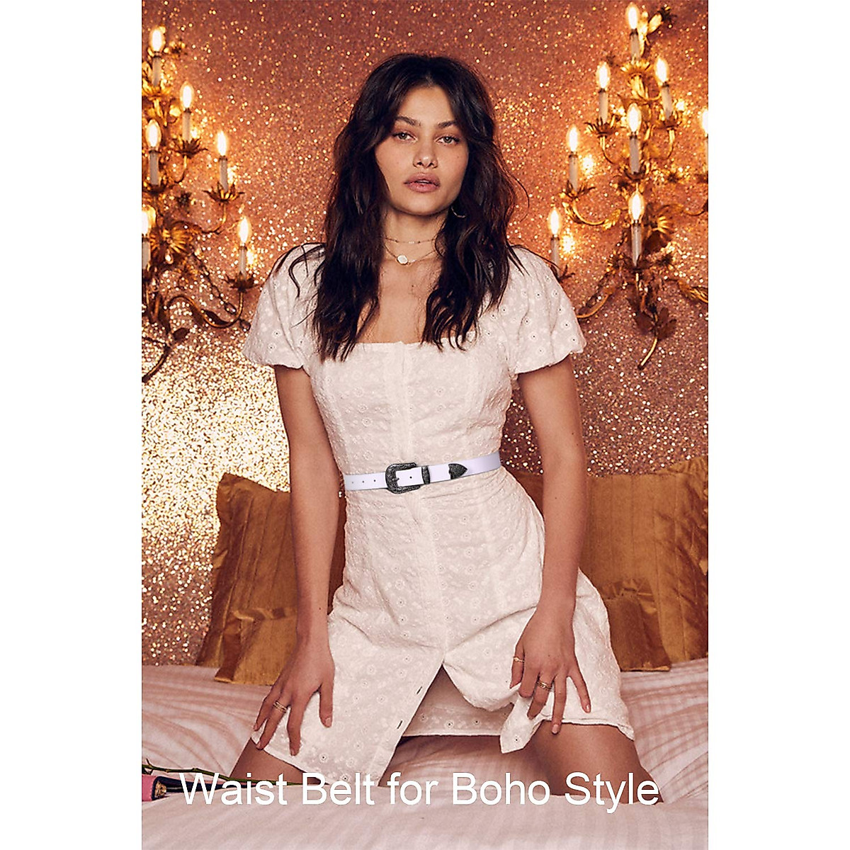 WERFORU Women Leather Belt for Jeans Pants Ladies Black Belt for Dress with Western Silver Buckle, White,Small(Length 39.3 Inches, Suit for waist size 23"-26")-