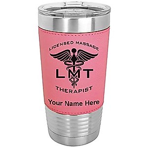 LaserGram 20oz Vacuum Insulated Tumbler Mug, LMT Licensed Massage Therapist, Personalized Engraving Included (Faux Leather, Pink)
